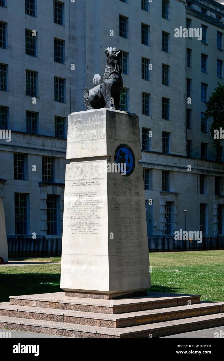 LONDON, UK - MAY 13, 2025: Memorial, comprising a bronze Chinthe statue ...