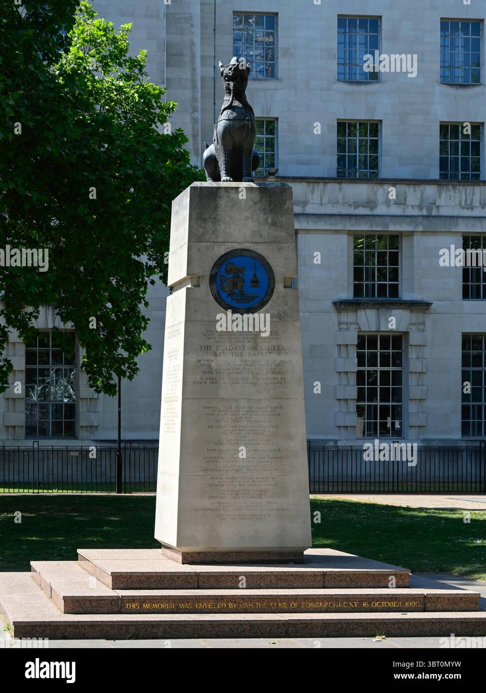 LONDON, UK - MAY 13, 2025: Memorial, comprising a bronze Chinthe statue ...