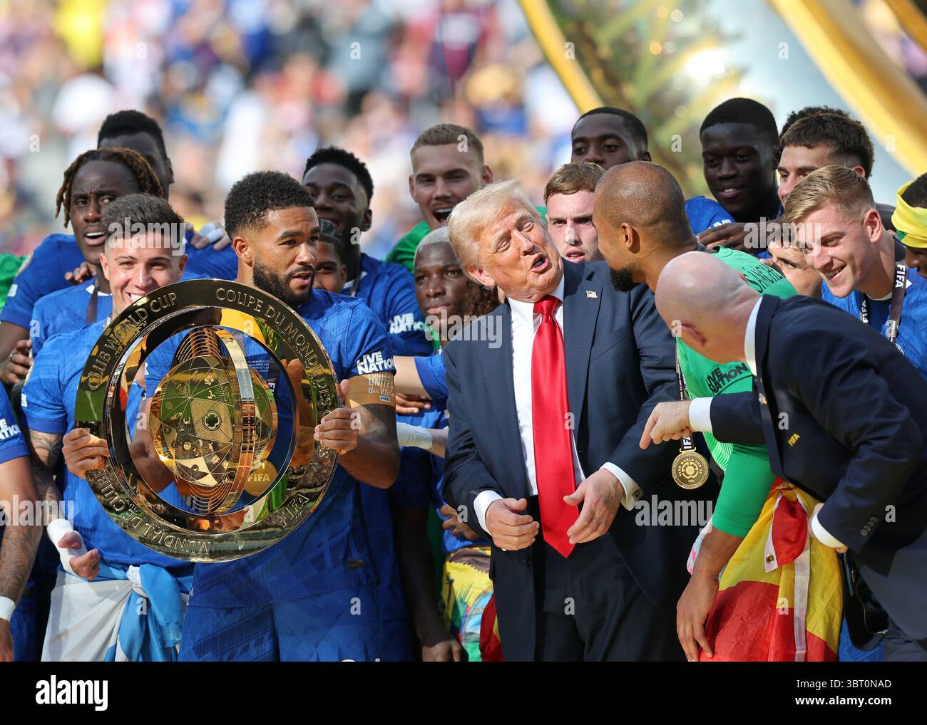 New Jersey, USA, 13th July 2025. President Donald Trump stays for the trophy lift during the ...