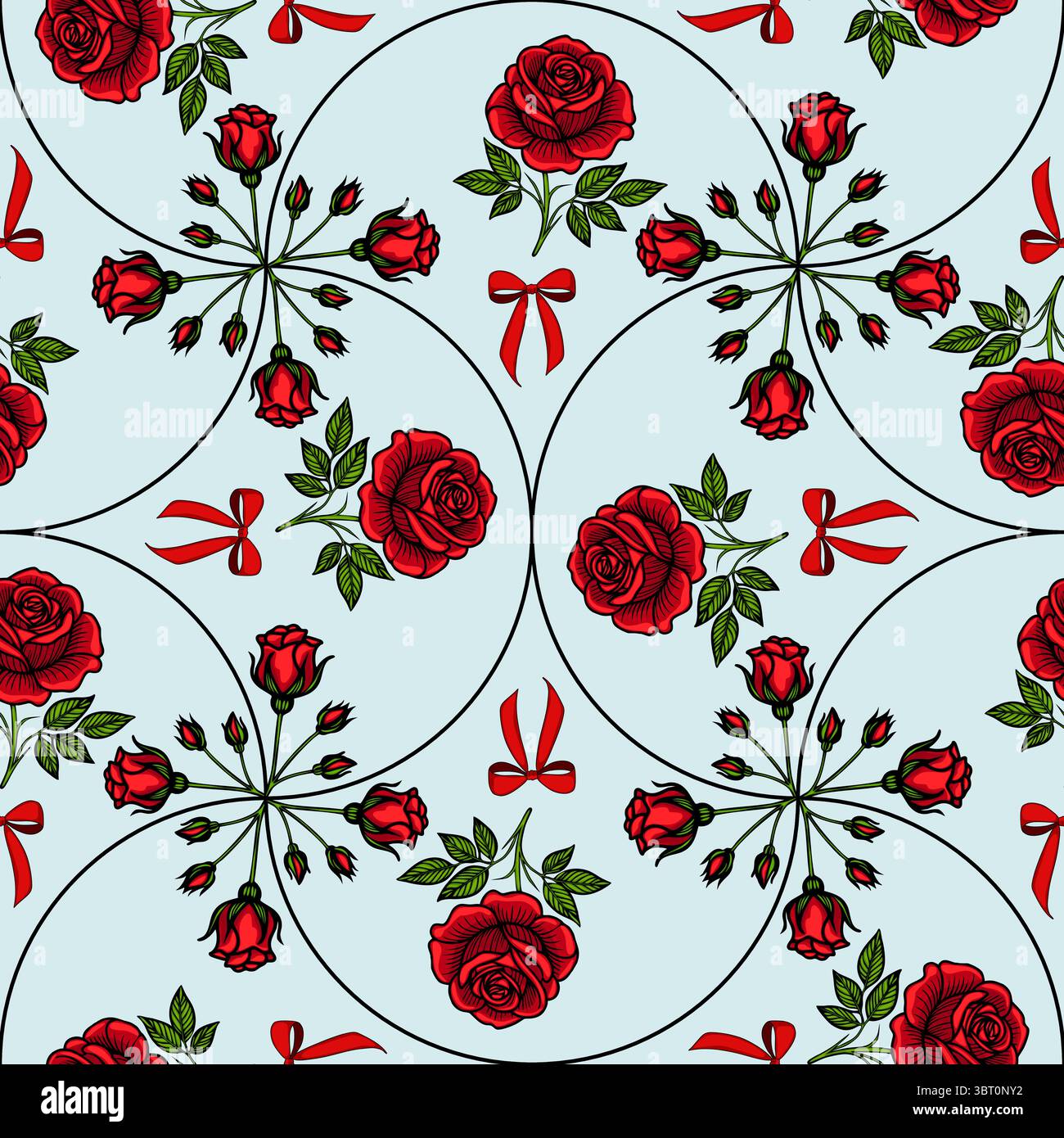 A seamless floral pattern featuring red roses, green leaves, and ...