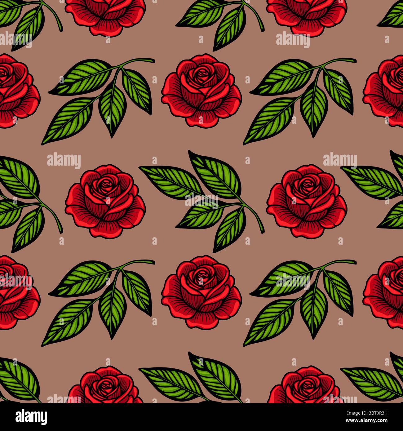 A seamless vector pattern featuring vibrant red roses and green leaves ...