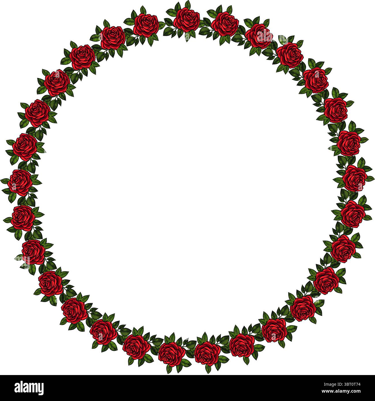 A circular frame made of vector red roses and green leaves, creating a ...