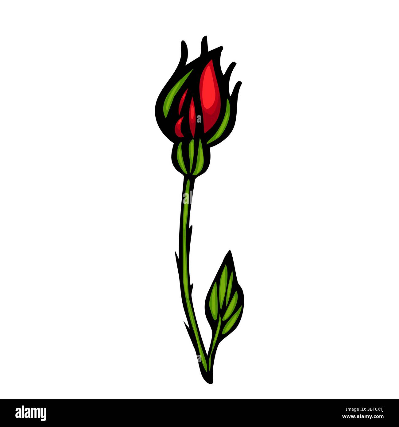 A stylized illustration of a vector red rose bud with green leaves ...
