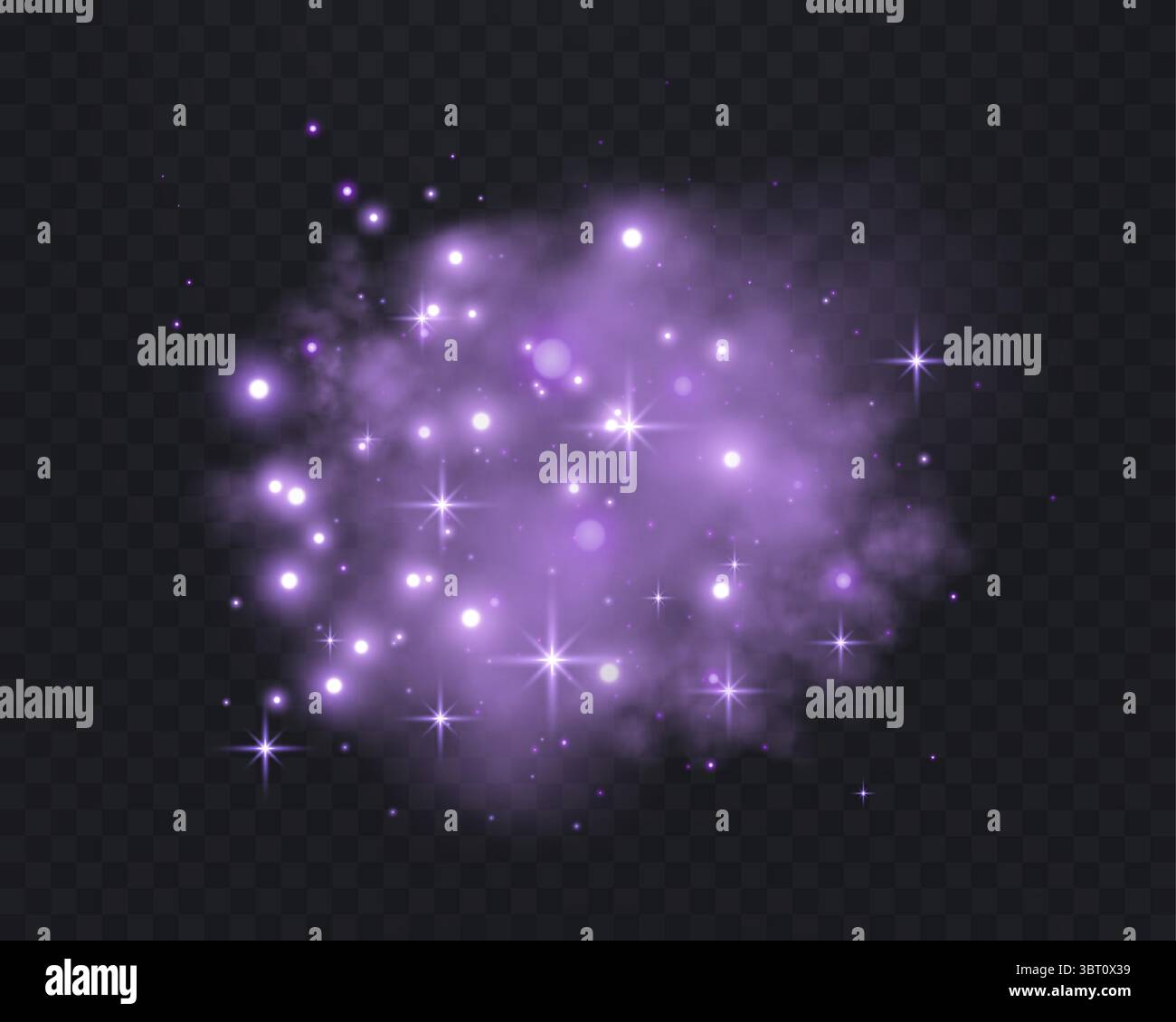 Purple glittering dots, particles, stars magic sparks. Dust cloud flare ...