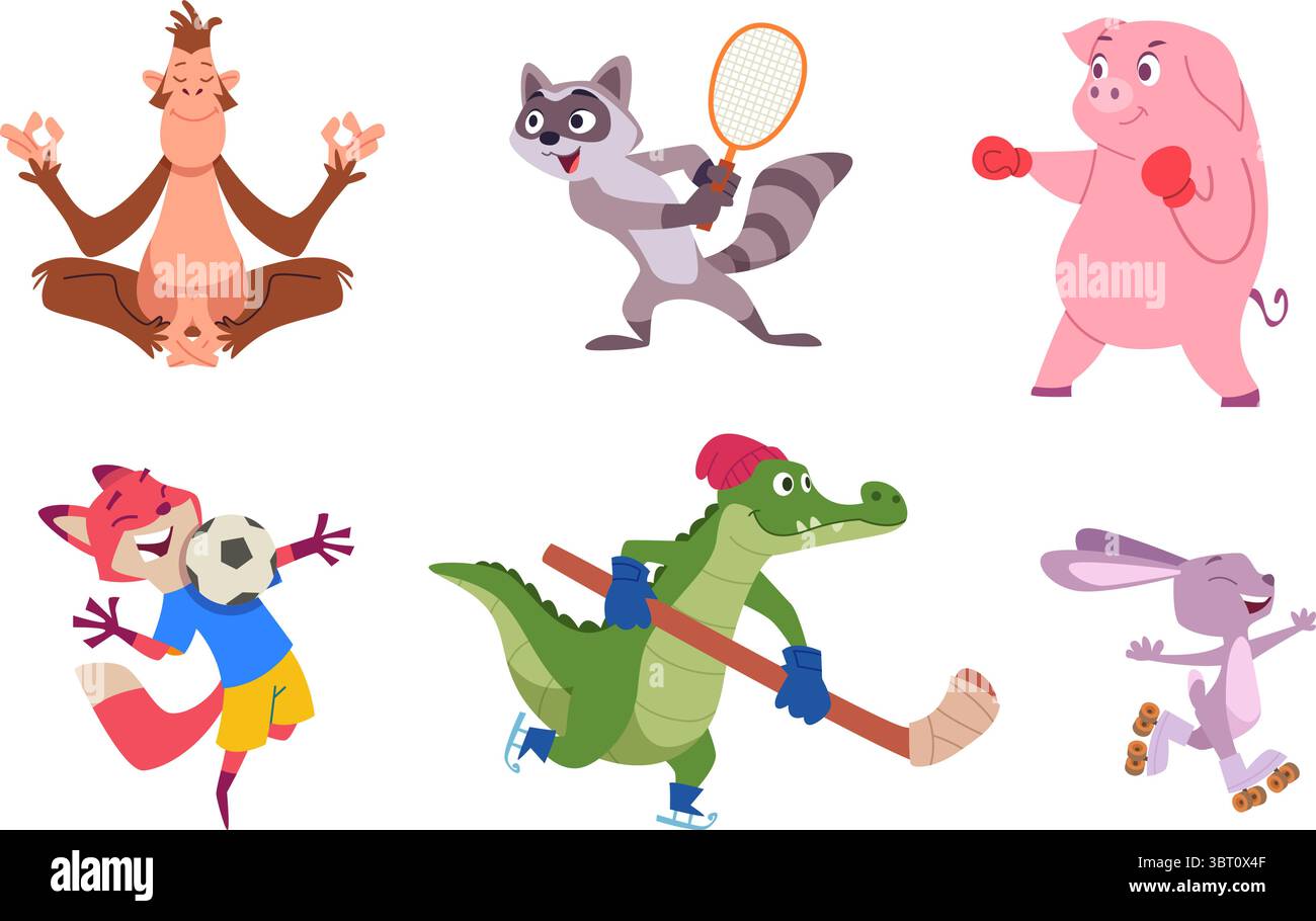 Animals sport. Cartoon characters wild animal doing sport exercises ...