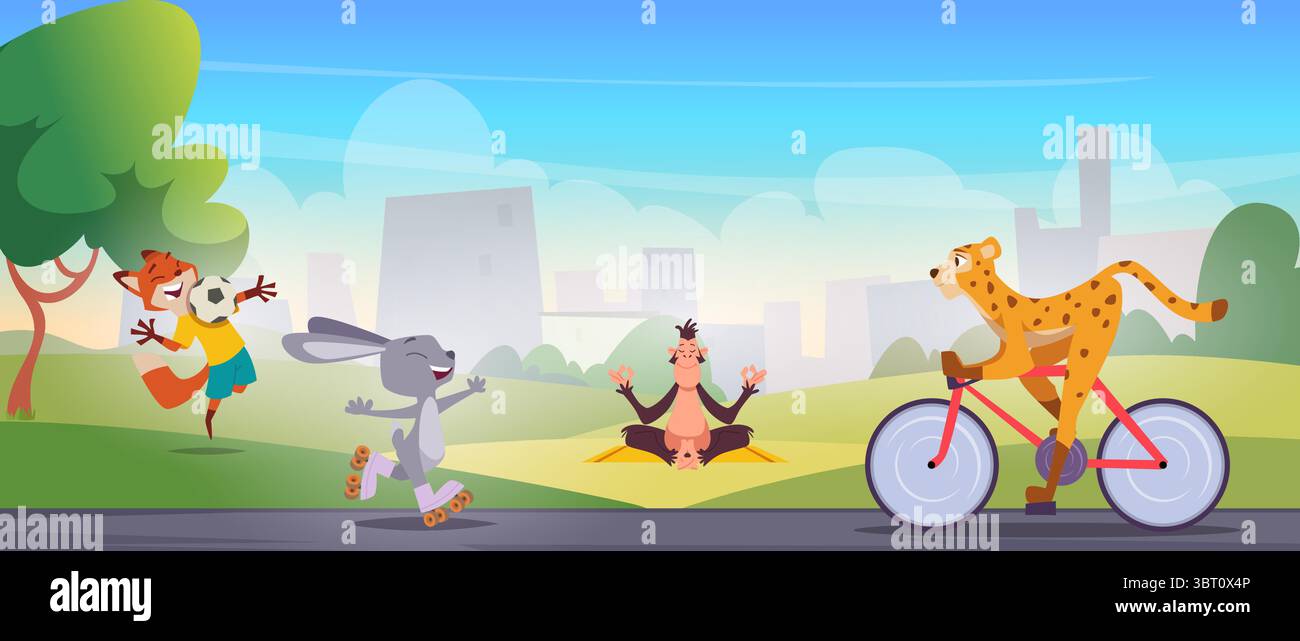 Sport animals. Fitness characters cute animals in action poses doing ...