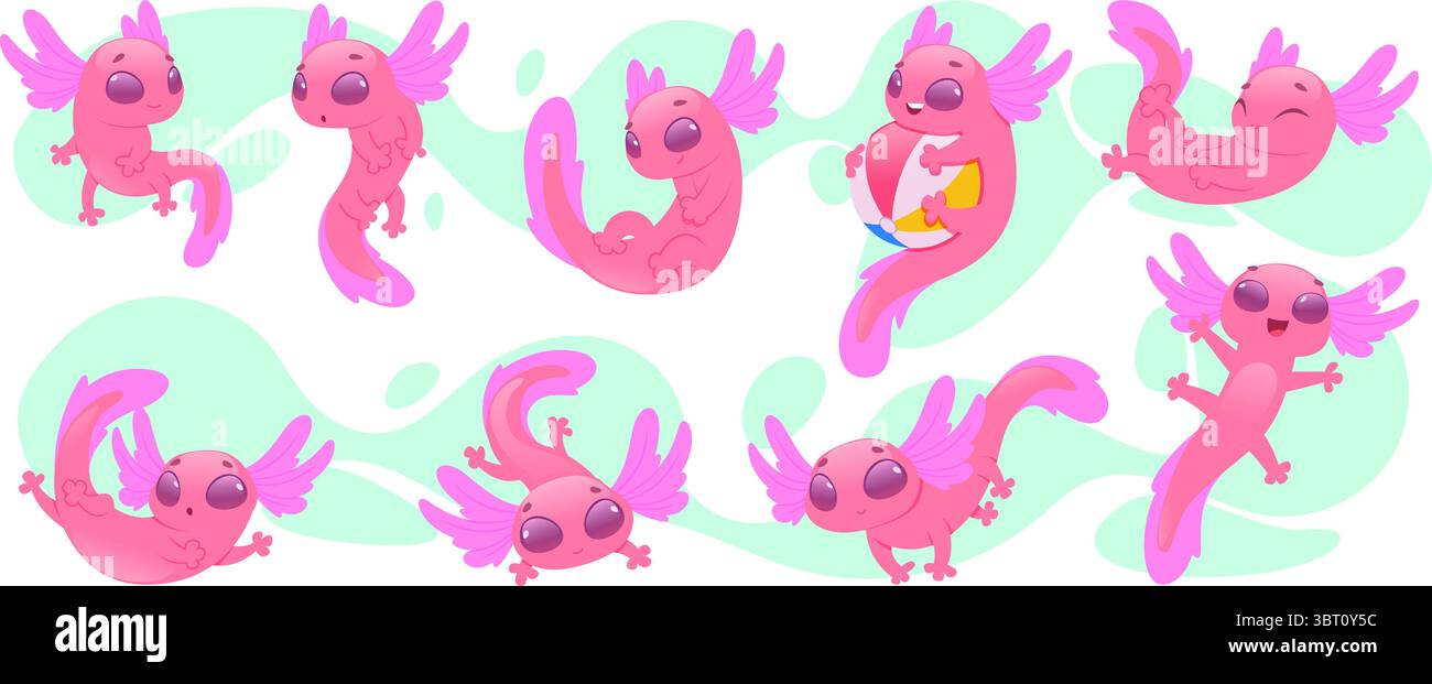 Pink axolotl. Adorable cute character amphibian in different poses ...