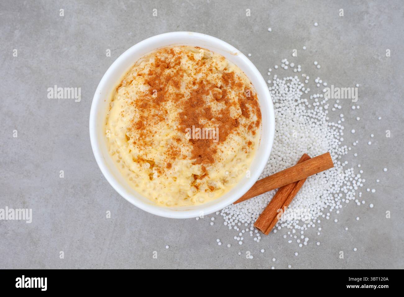 serving of tapioca or sago pudding on a mottled grey surface with raw ...
