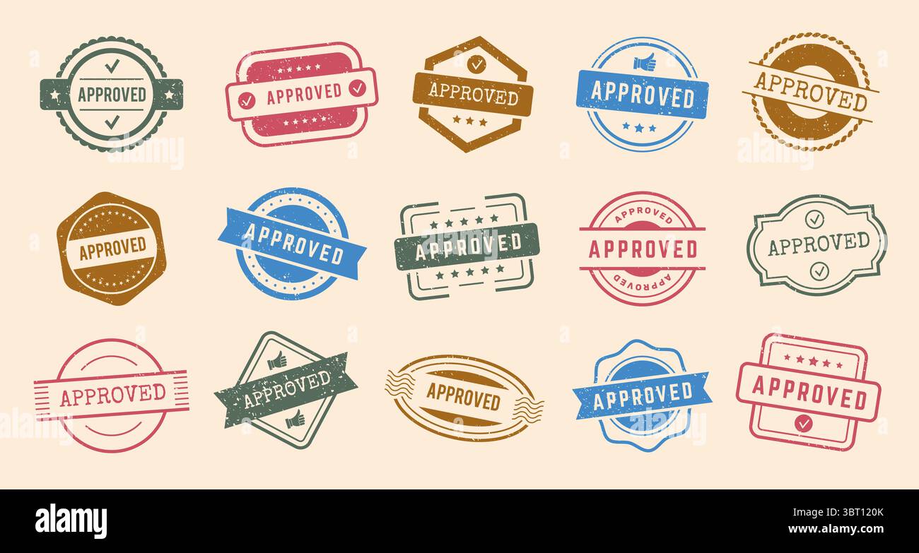 Approve badges. Stamp templates with grunge texture vector verification ...