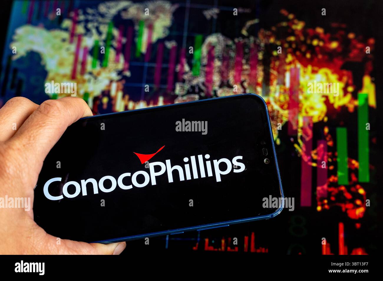 UK. 13th July, 2025. The Conoco Philips logo is seen displayed on a ...