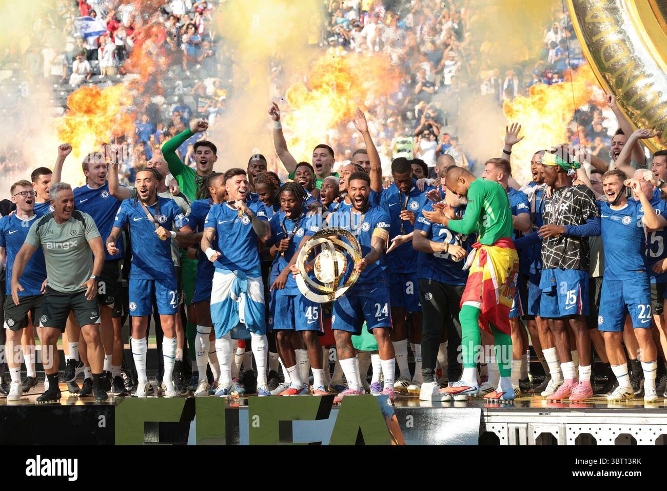 Reece James of Chelsea and teammates celebrate during the trophy ...
