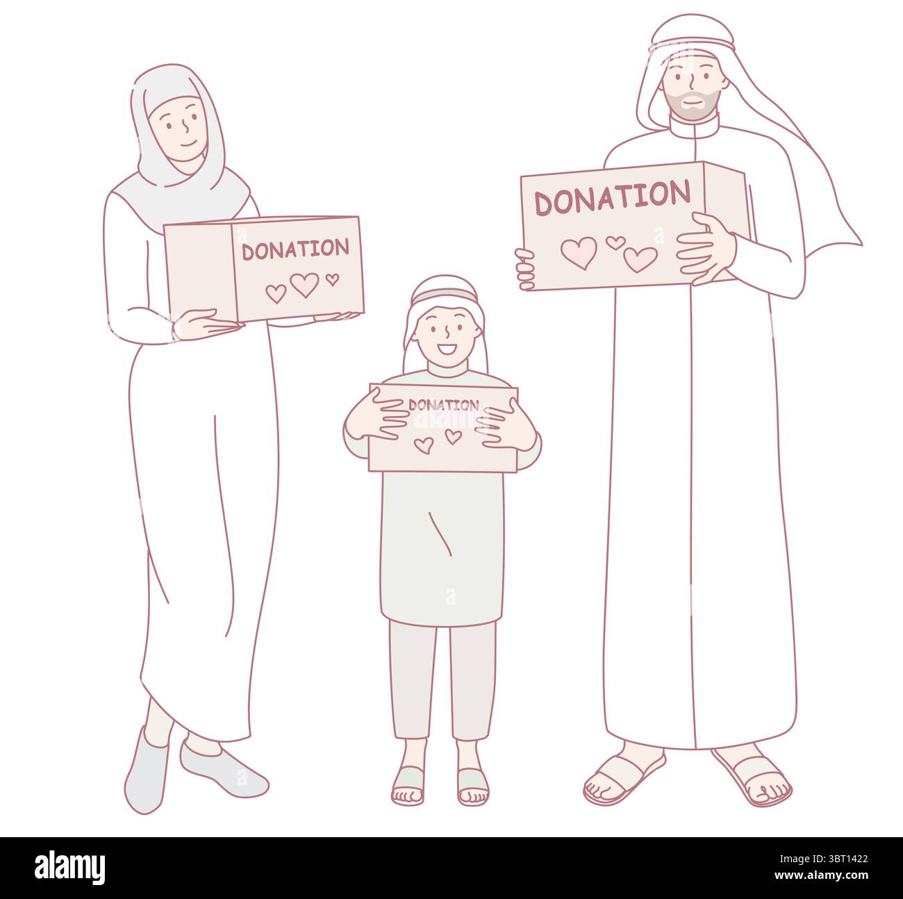 A cheerful family joyfully holding and presenting donation boxes, promoting kindness, charity ...