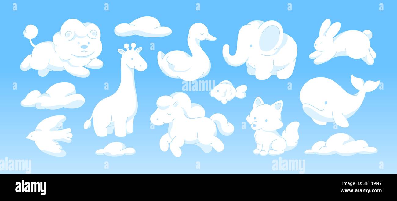 Animal shape clouds. White fluffy animals cloudy forms, different ...