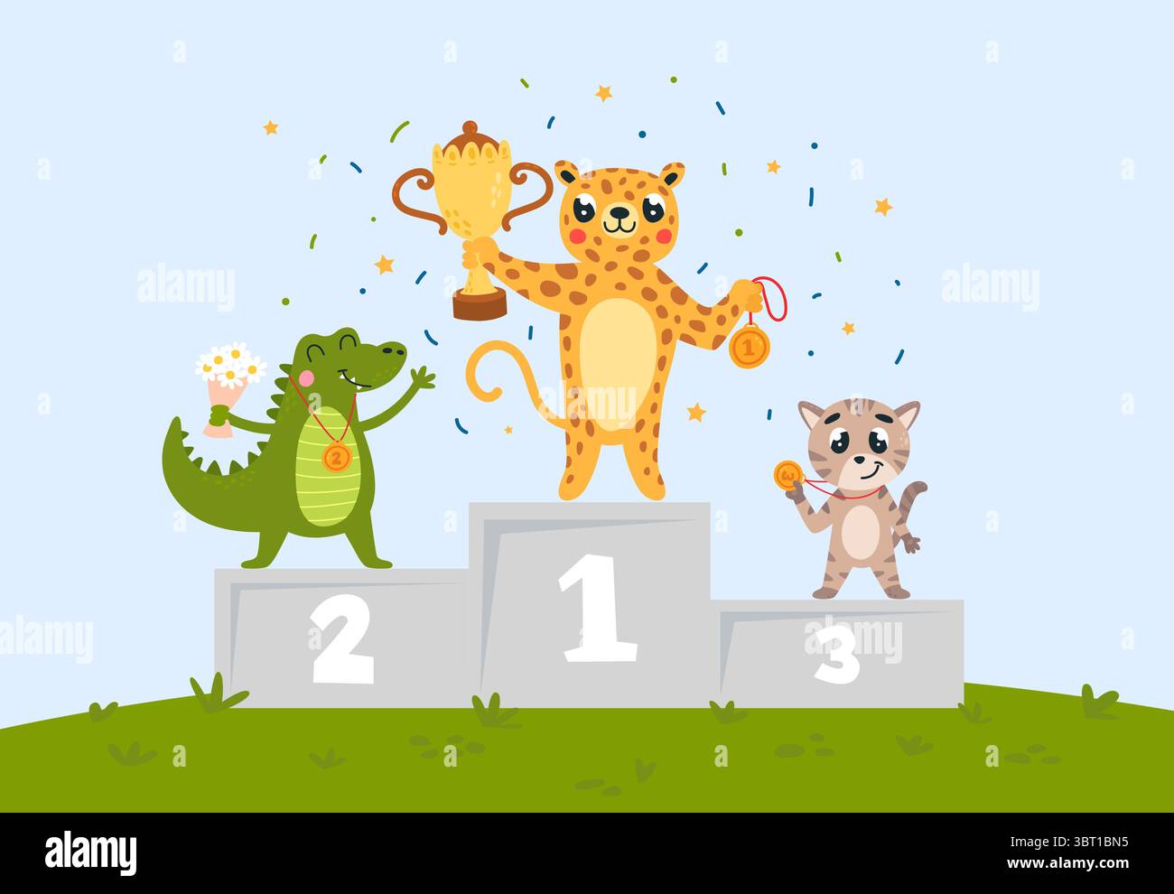Animals on winner pedestal. Awards ceremony for leopard crocodile cat ...