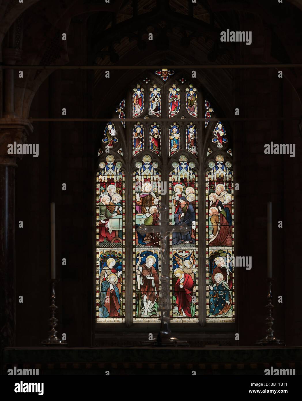 Stained glass window, of the last meal Jesus had with his disciples and ...