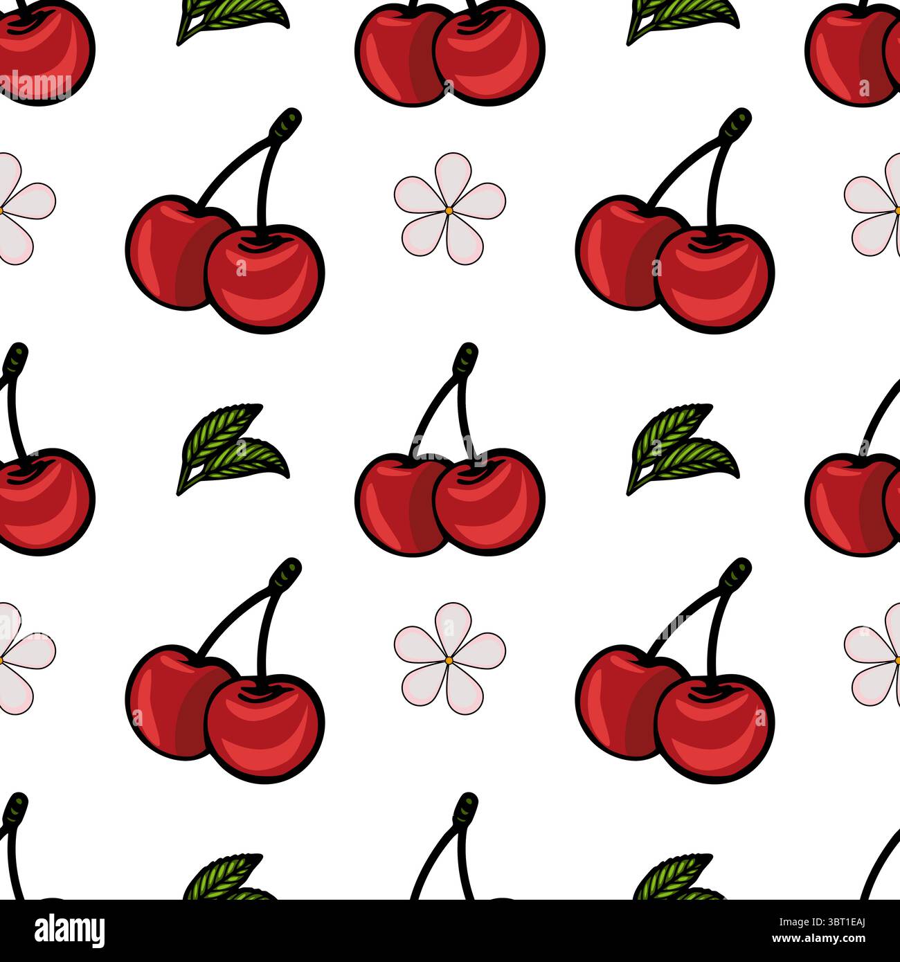 A seamless vector pattern featuring red cherries with green leaves and ...