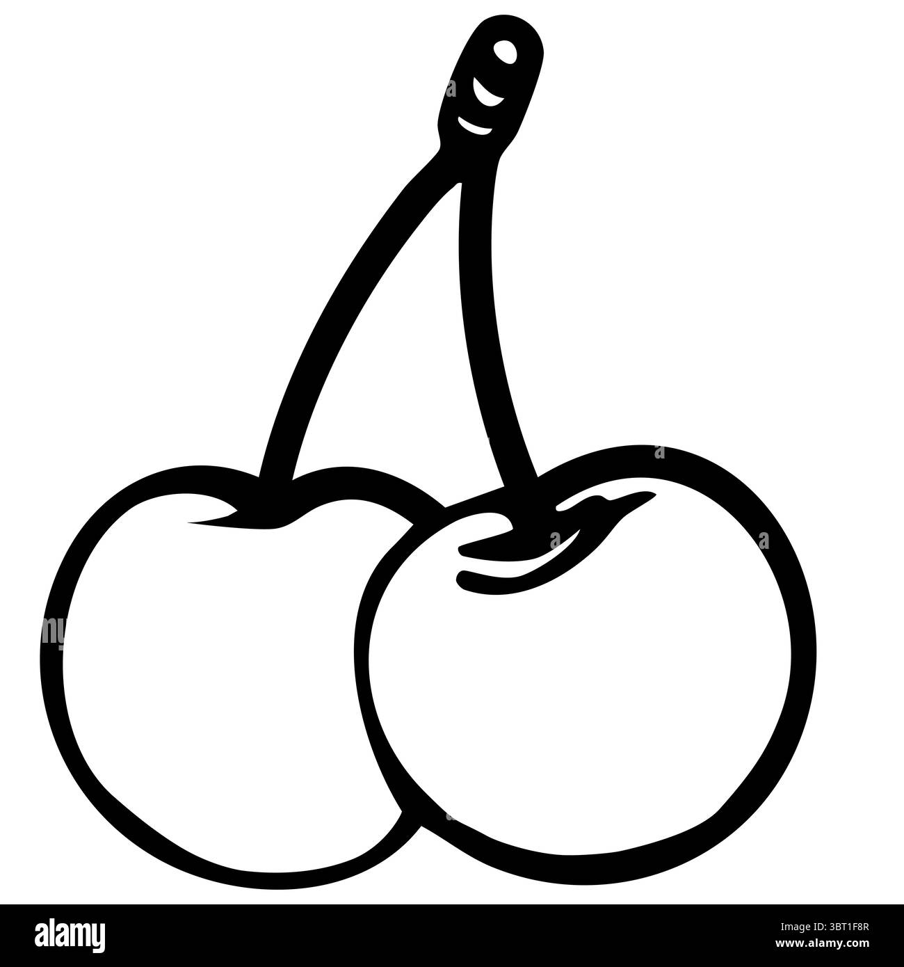 A vector simple black and white illustration of two cherries connected ...