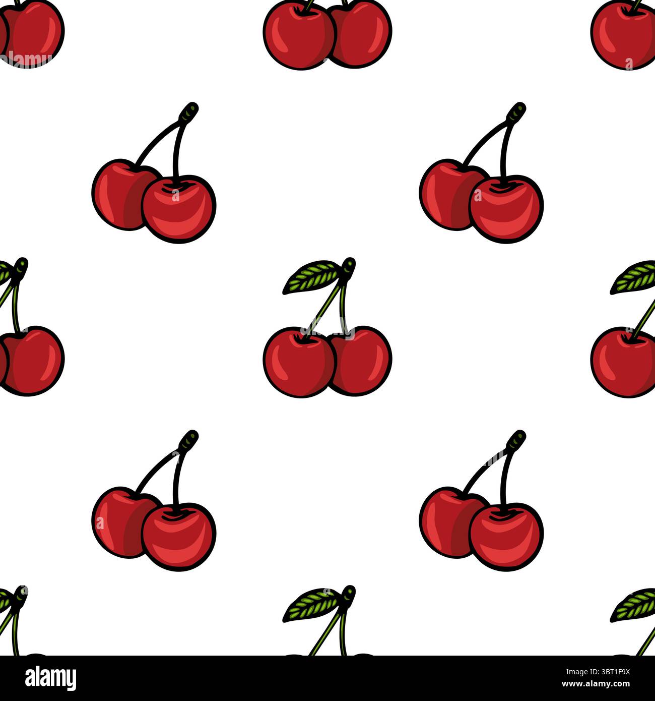 A seamless vector pattern of red cherries with green leaves on a white ...