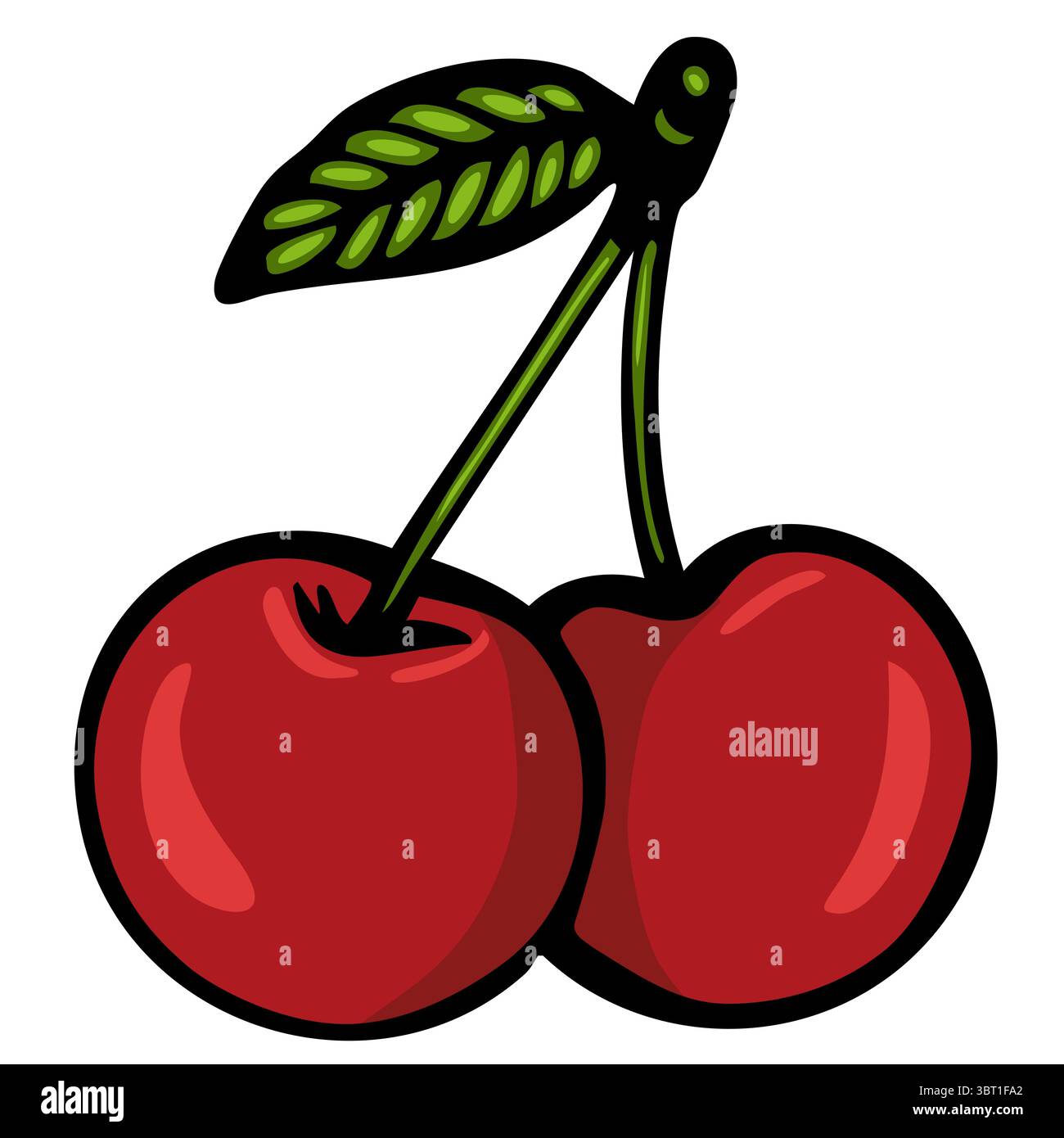 A vector pair of bright red cherries with a green leaf attached to one ...