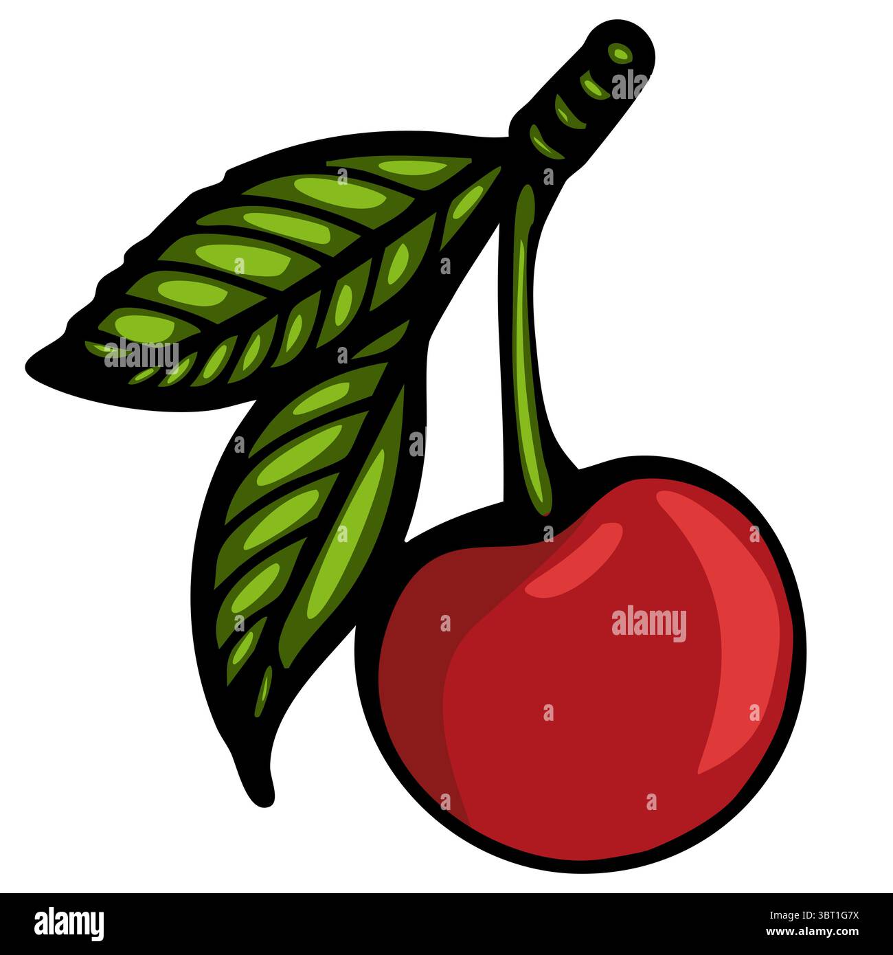 A vector vibrant red cherry with green leaves, illustrated in a cartoon ...