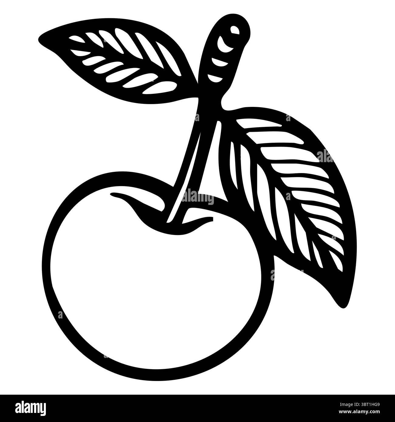 A vector stylized black and white illustration of an apple with leaves ...