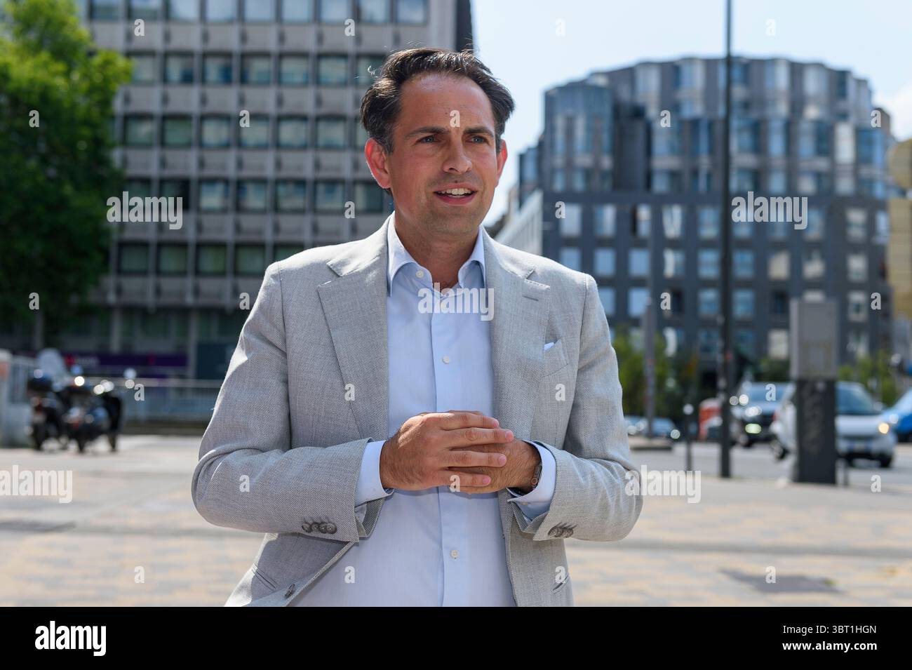 Tom Van Grieken, chairman of Vlaams Belang, speaks outside his party's ...