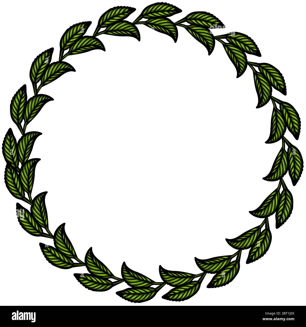 A vector circular wreath made of green leaves, featuring a detailed ...