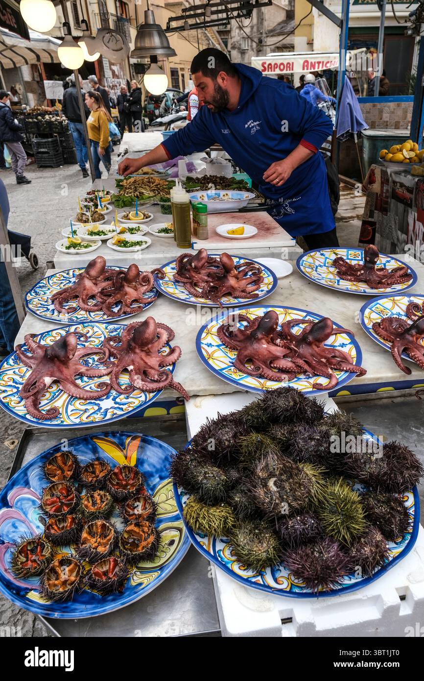 Italy. Sicily. Palermo. Ballarò market. Street food with octopus and ...