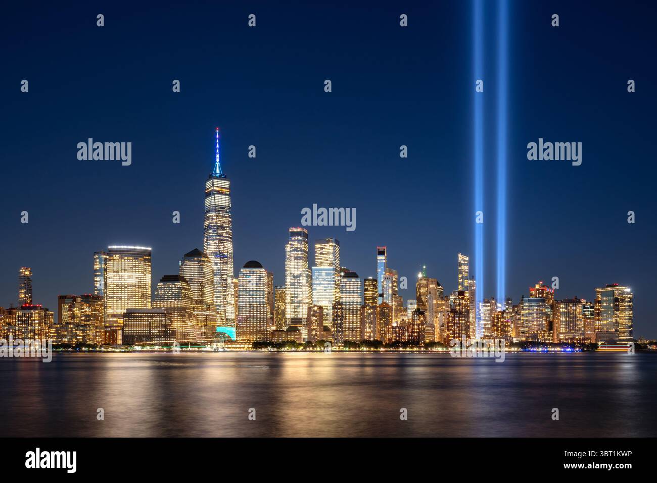 New York city September 11 Tribute in Light. Lower Manhattan skyline ...