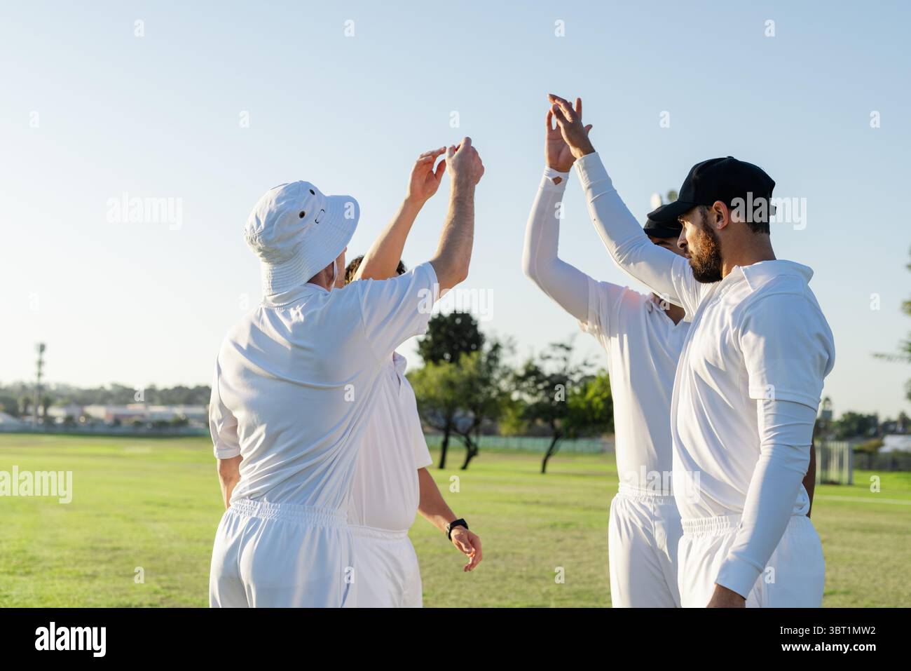 Diverse male cricket teammates high-fiving on sunlit grass field ...