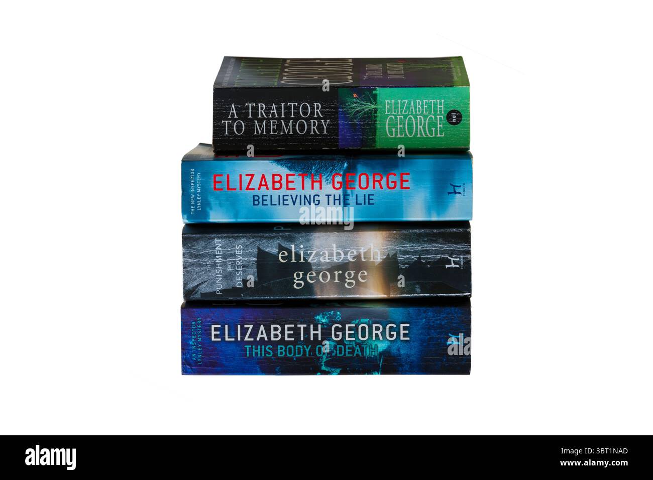 Selection of Elizabeth George books showing book spines isolated on ...