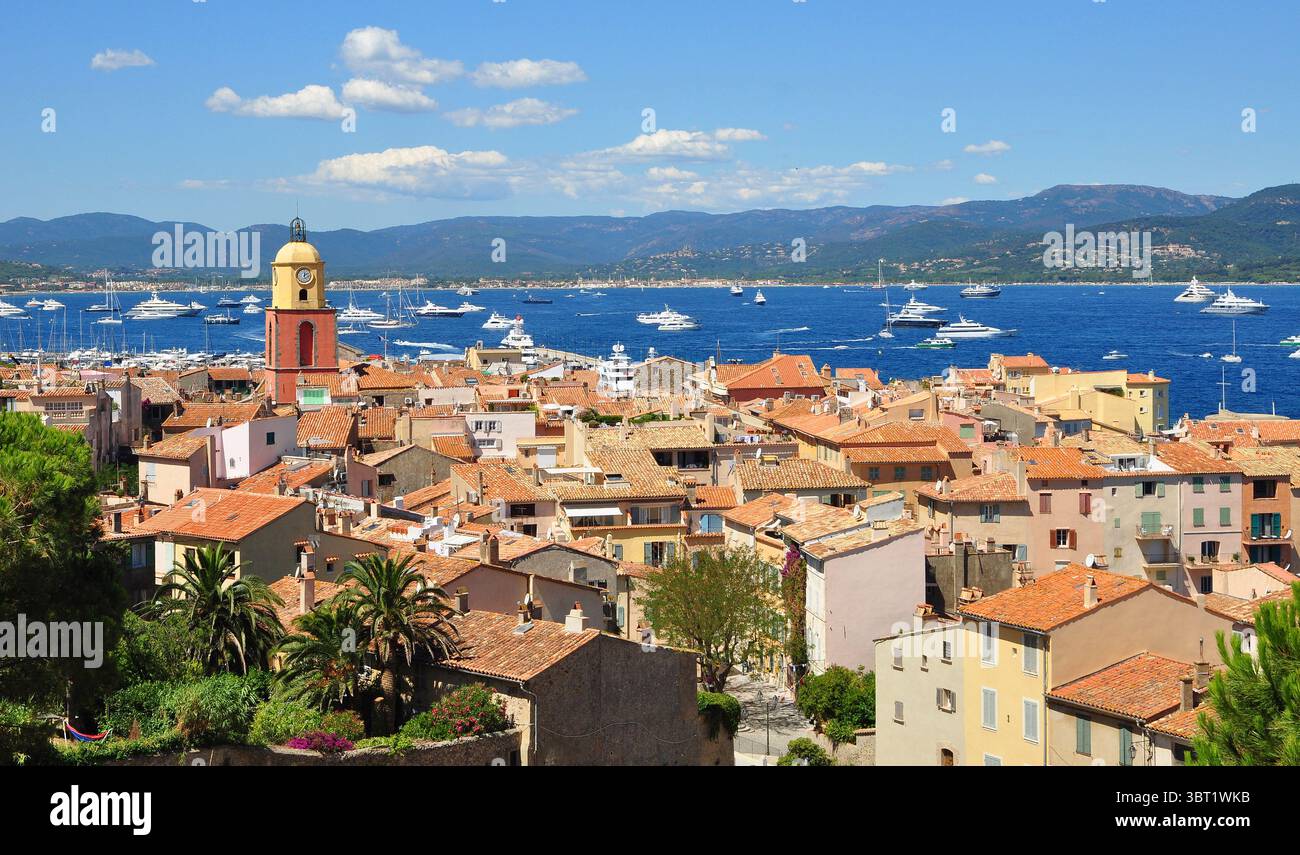 St Tropez from the citadel with the colorful bell tower and its yachts ...