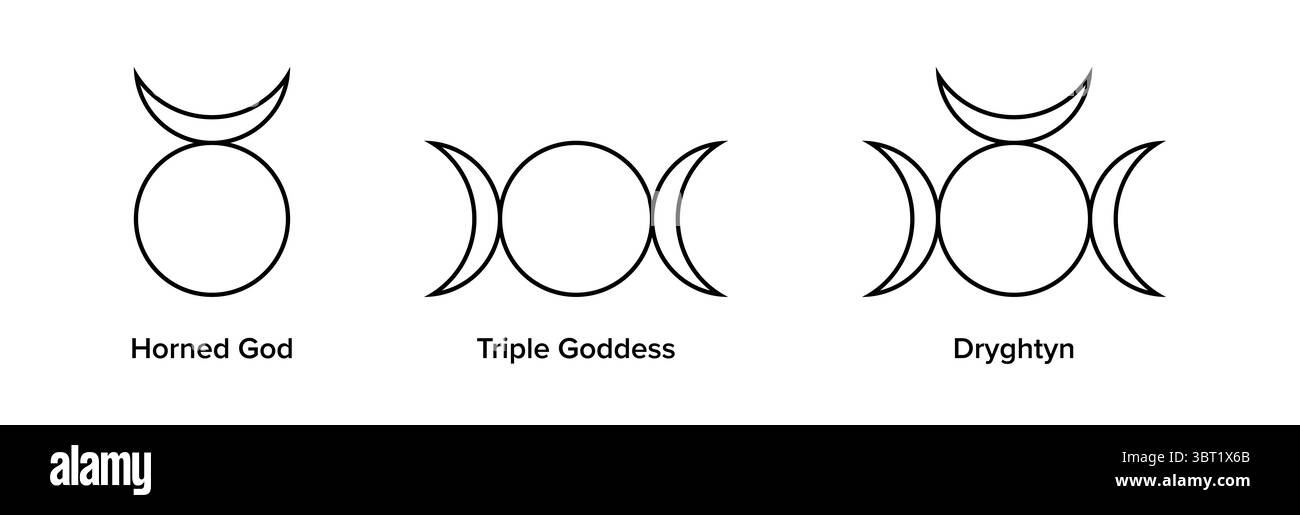 Horned God, Triple Goddess, and Dryghtyn symbols. Archetype deities in Wicca and Neopaganism ...
