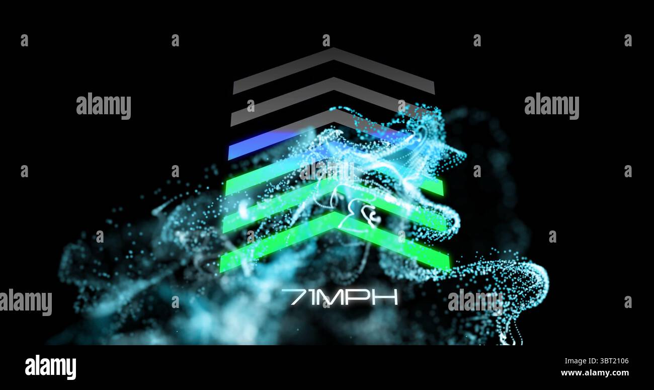 Glowing particle hand shape hovering in dark space, with chevron arrows ...