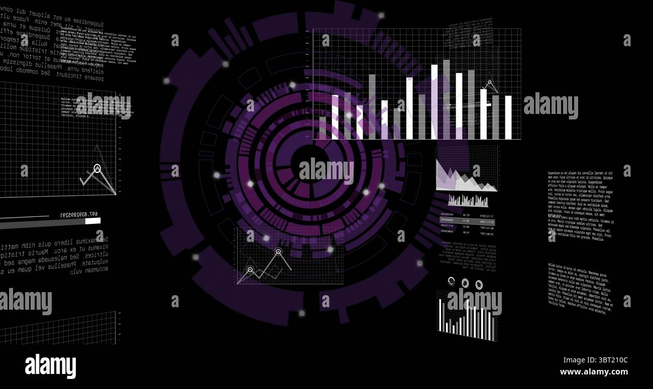 Displaying purple HUD in digital dashboard, showing bar charts scatter plots grid panels and ...