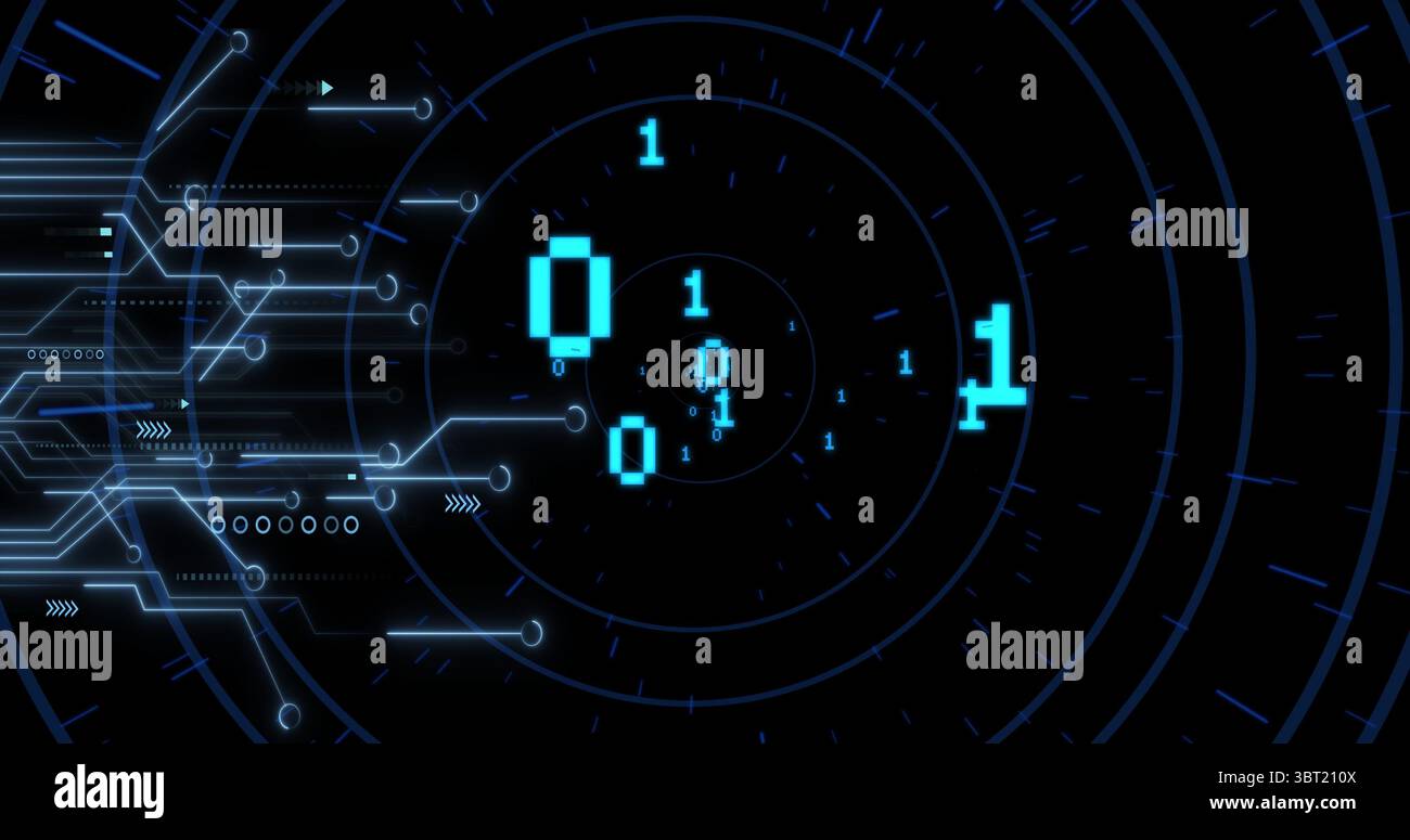Showing blue binary digits flowing through concentric grids in data hub ...