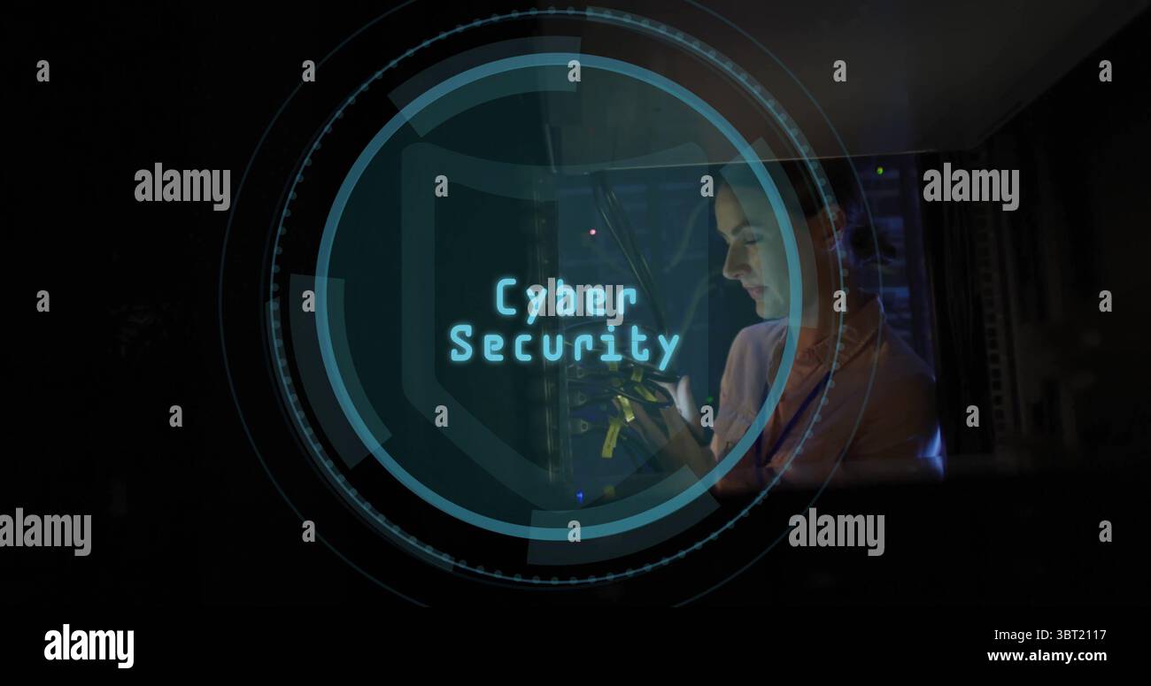 Network engineer connecting cables in data center, with cybersecurity ...