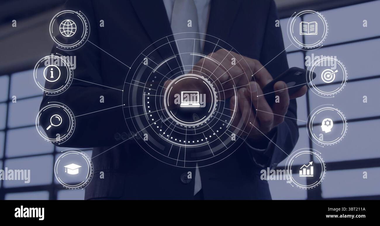 Tapping smartphone businessman projecting interface near office windows ...