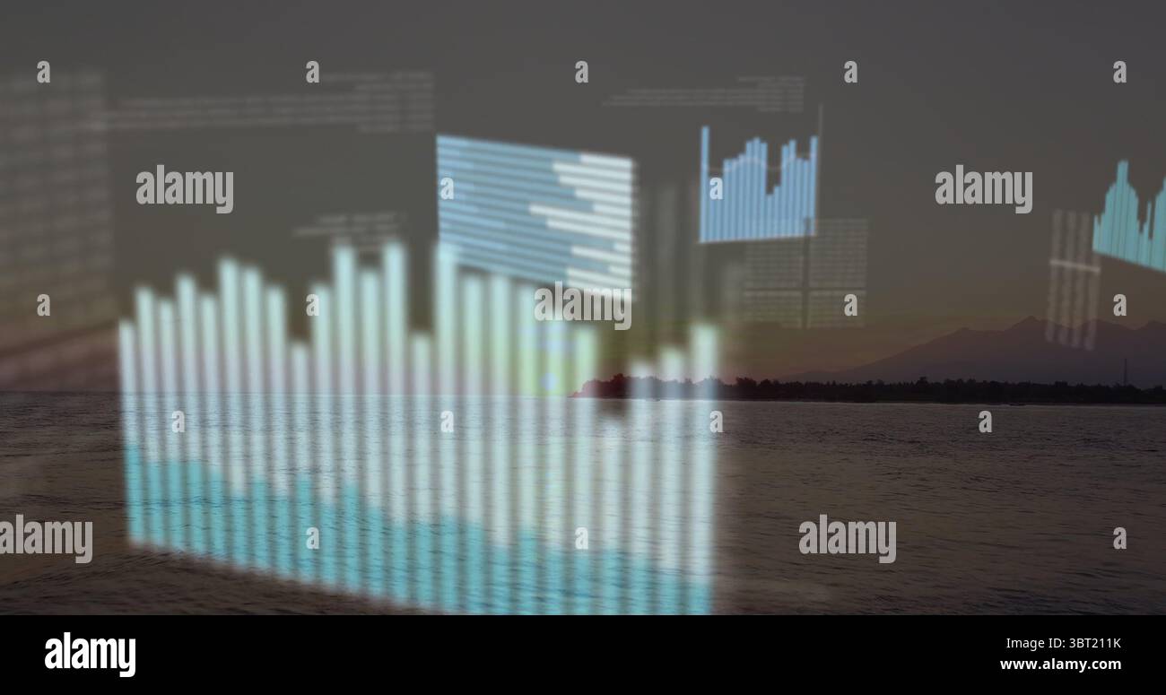 Displaying translucent bar chart overlay hovering above lake at dusk, with data panels, grid ...