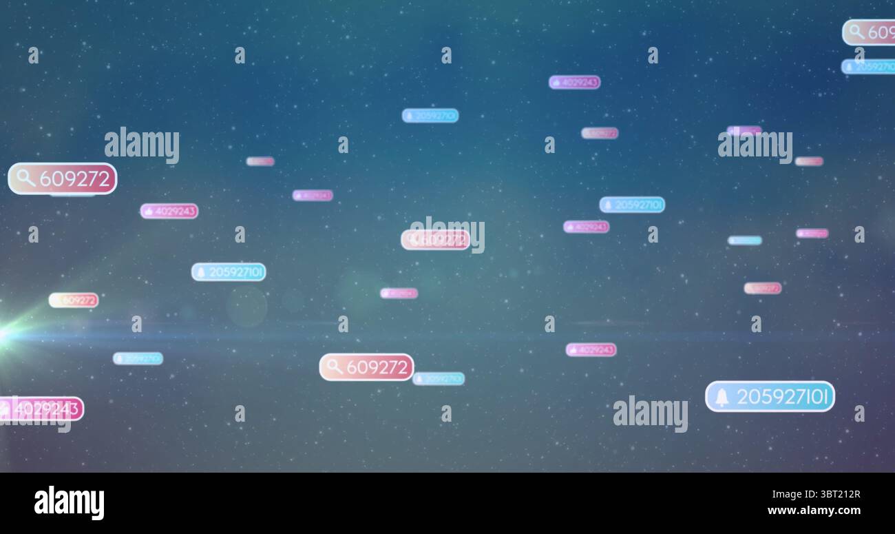 Floating data tags drifting across starry gradient, showing numbers and search and alert icons ...