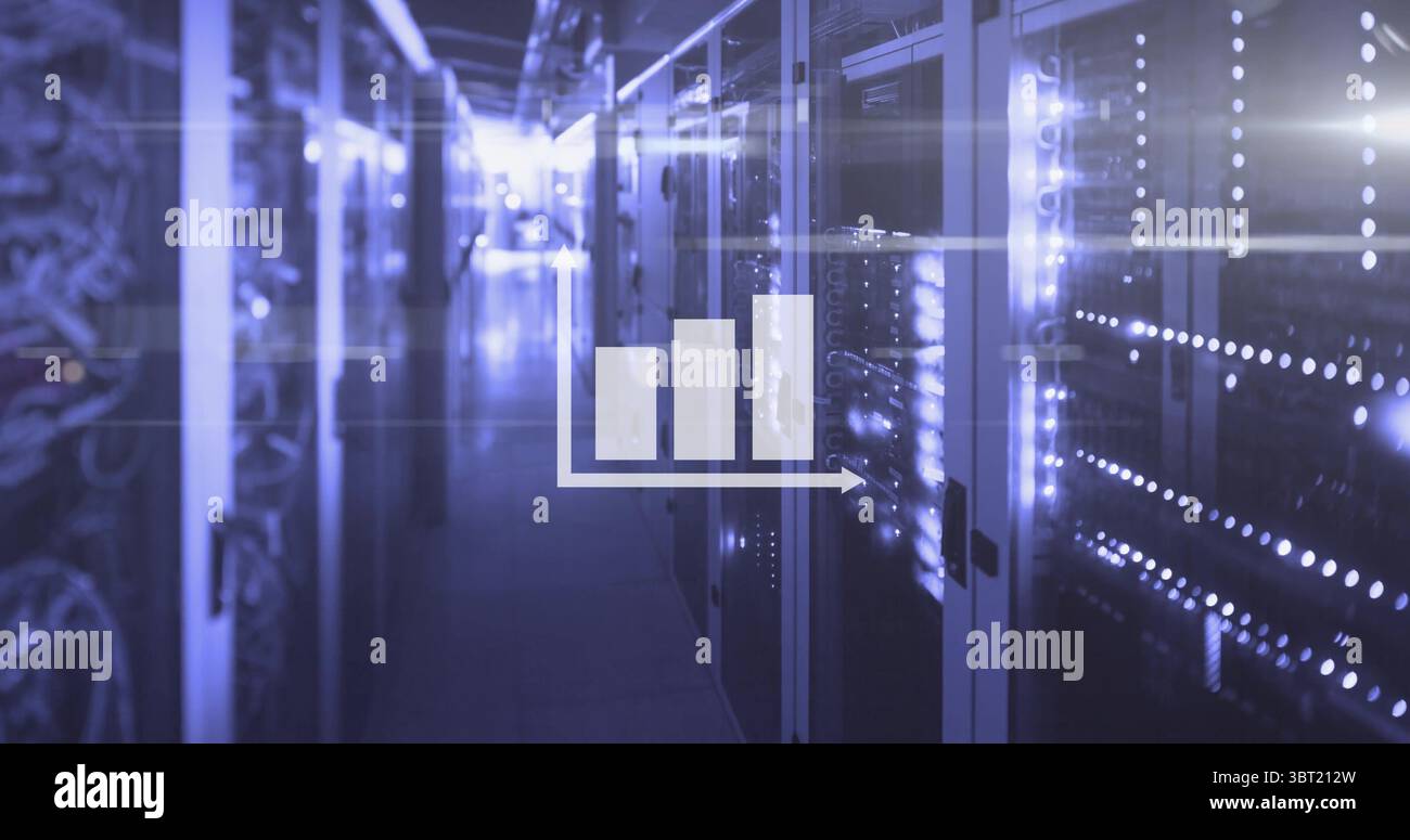 Glowing server cabinets showing LED-lit doors with translucent bar chart in data center, copy ...