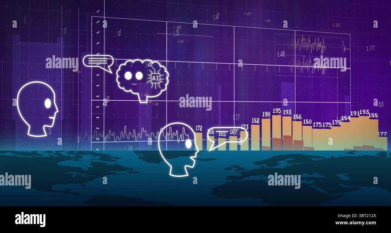 Displaying digital data grid with world map, showing AI head ...