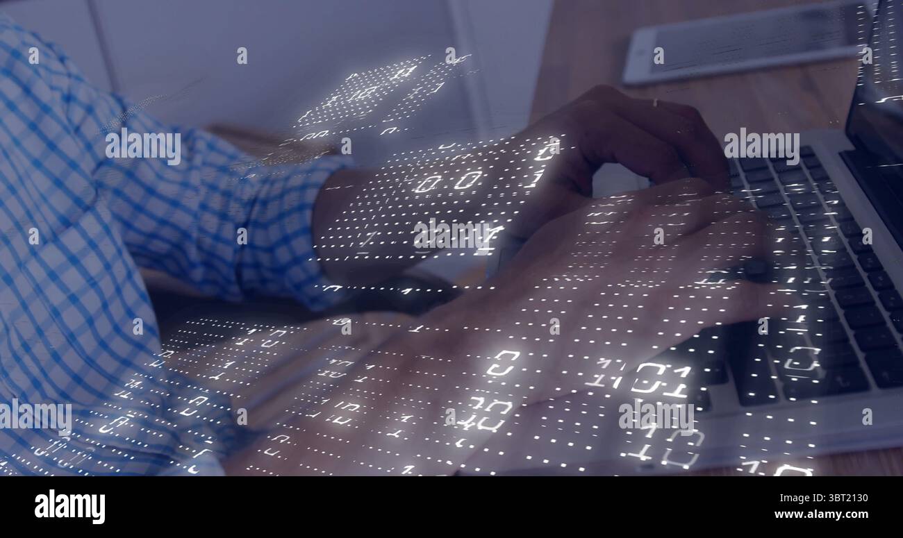 Typing hands in blue plaid sleeves tapping laptop keys at office desk ...