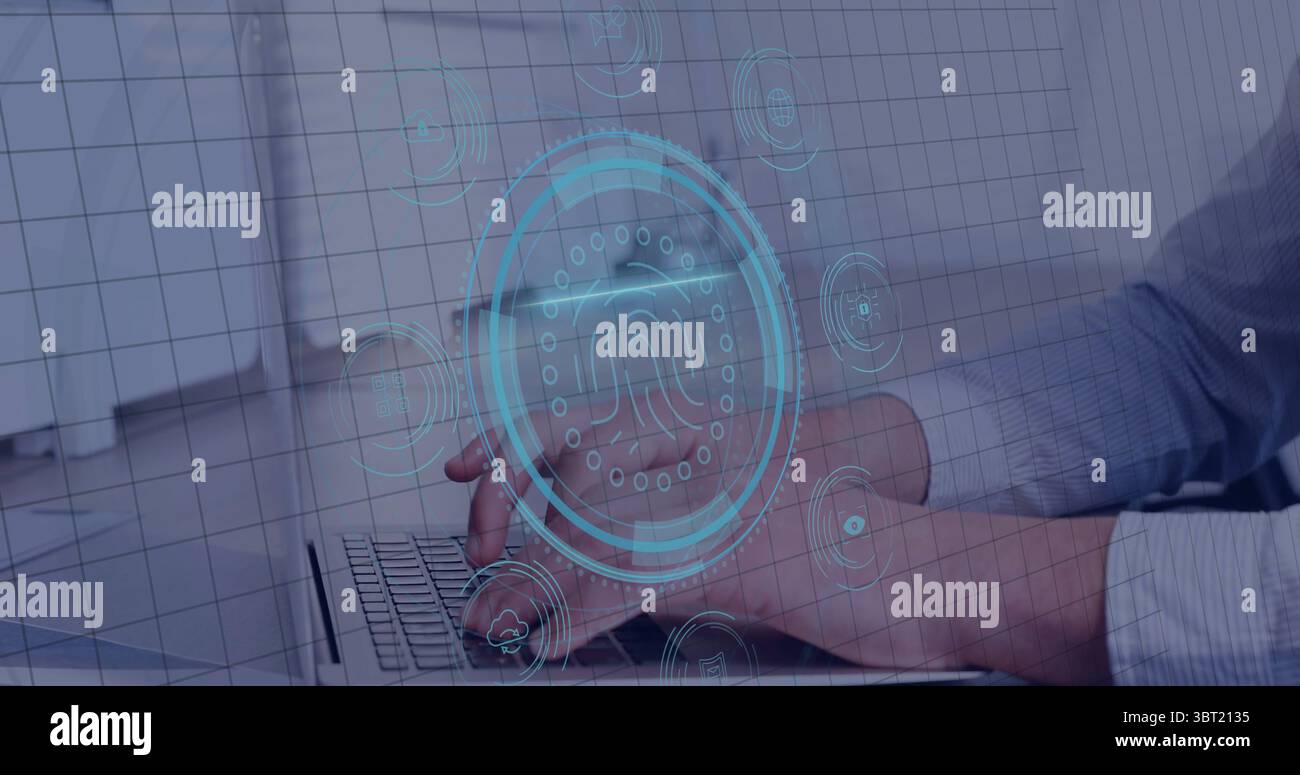 Typing male hands using laptop at office desk, showing digital ...