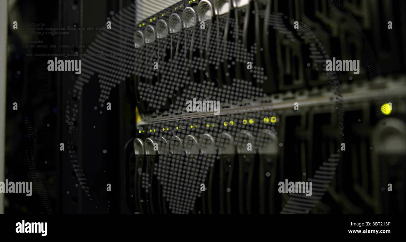 Displaying data center rack holding glowing hard drive bays in server room, with world map ...