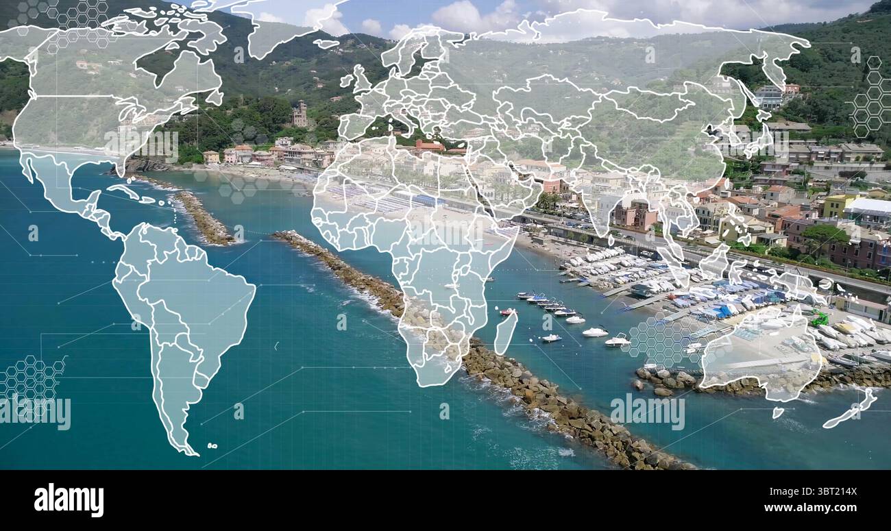 Displaying digital overlay mapping world map and hex grid over harbor ...