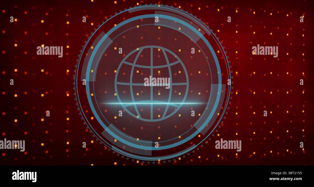 Displaying blue holographic globe hovering within concentric HUD rings ...