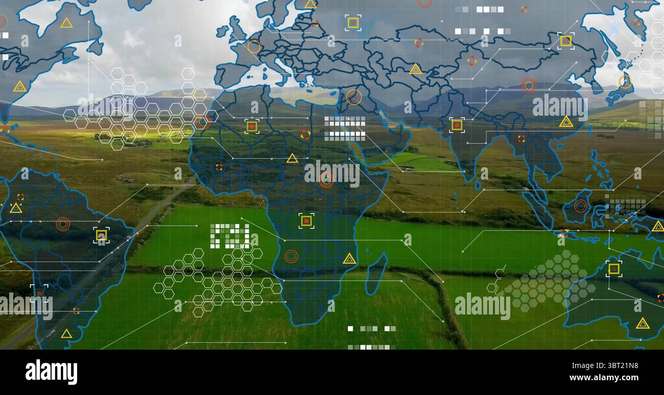Overlaying map on fields, displaying hex clusters, warning icons, circular markers and grid ...