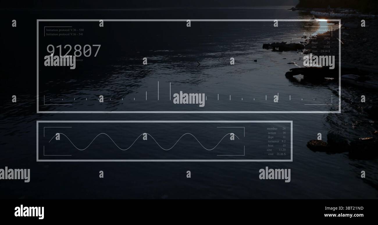 Floating HUD displaying readout 912807 over rocky coast at dusk, with ...