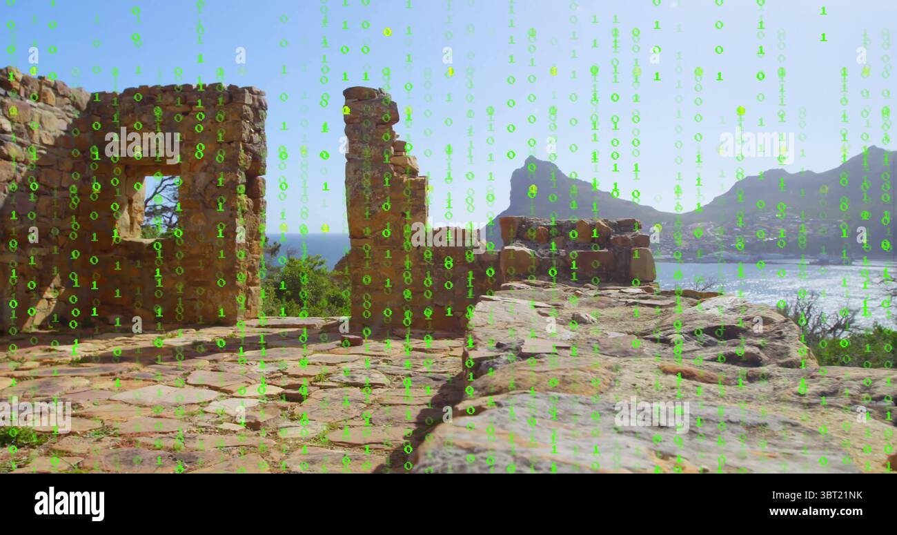 Featuring ruins and pillars on rocky floor at coastal bluff, with ...